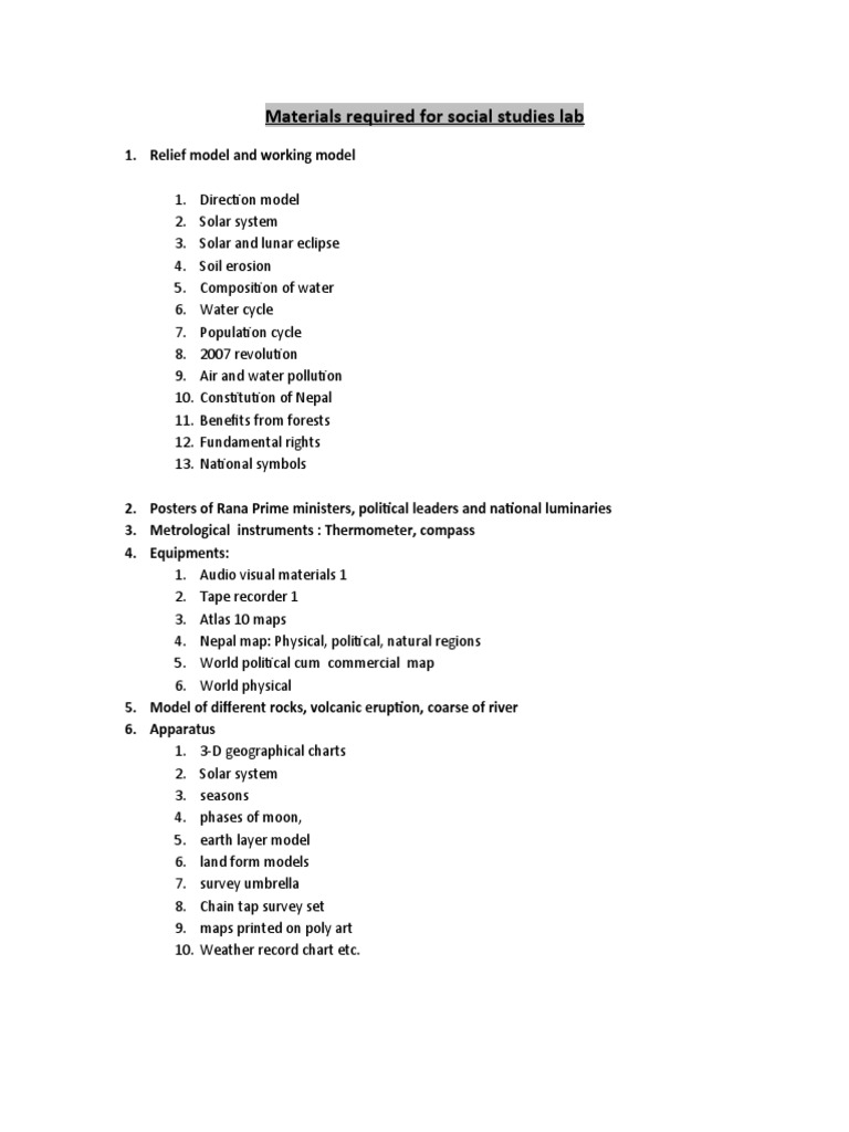 Social Studies Lab Materials List | PDF | Science & Mathematics