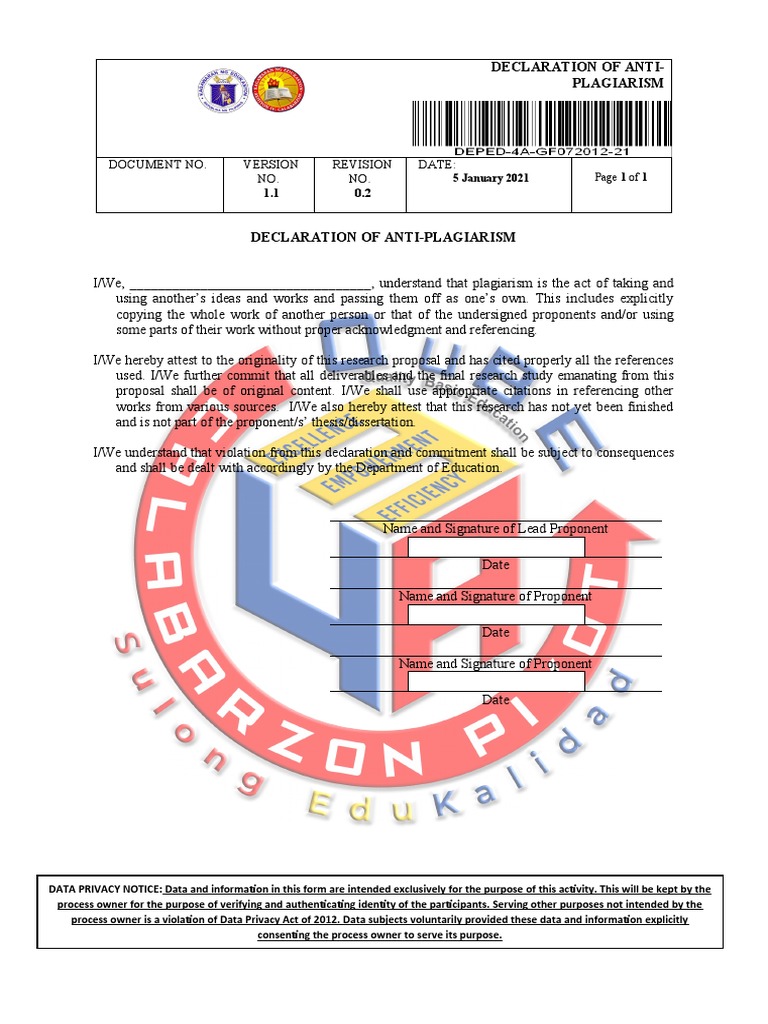 Declaration of Anti-Plagiarism | PDF | Plagiarism | Privacy