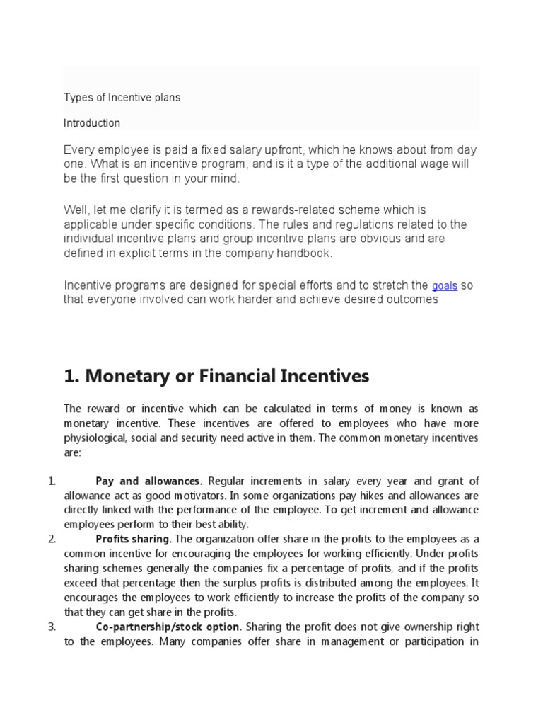 Monetary or Financial Incentives: Types of Incentive Plans | PDF ...
