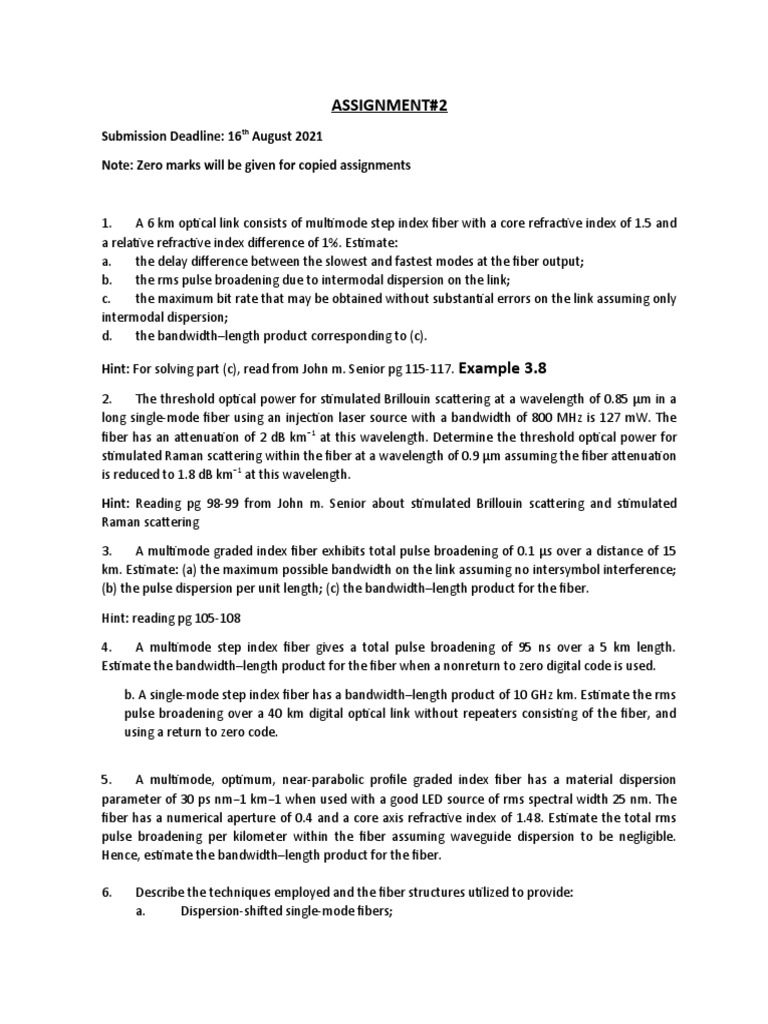 Assignment 2 | PDF | Fiber Optic Communication | Dispersion (Optics)