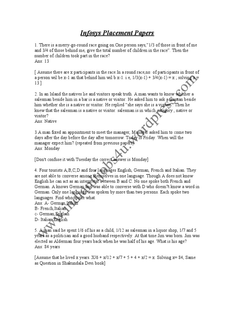 Infosys Placement Papers 04 | PDF