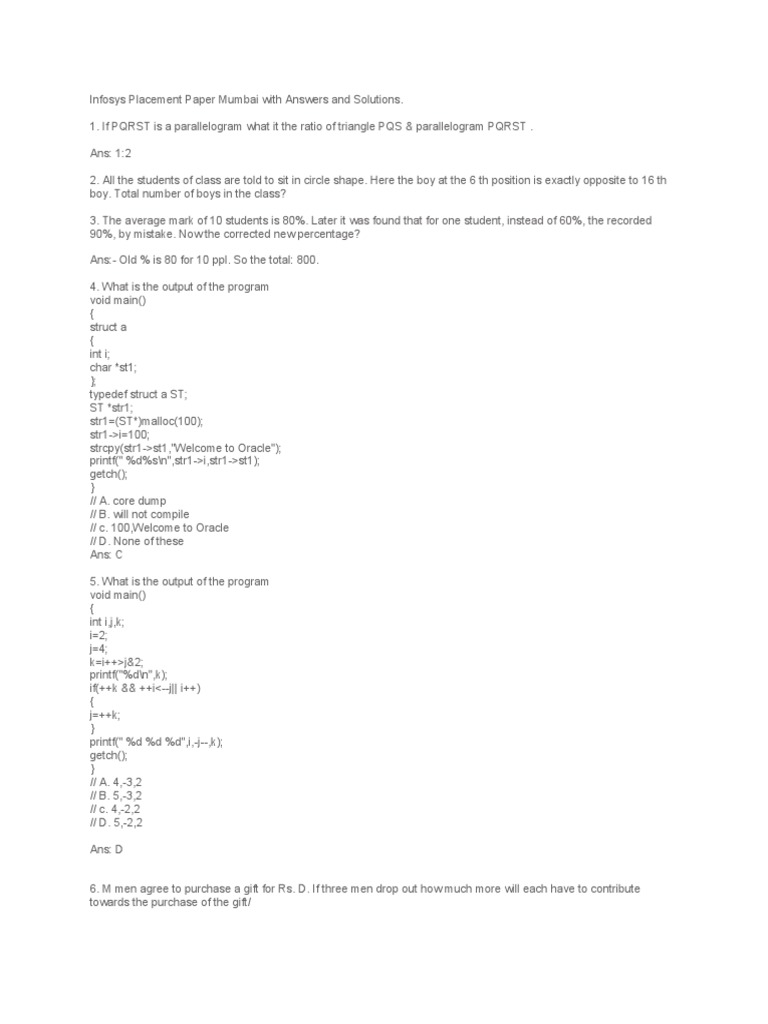 Infosys Placement Paper Mumbai With Answers and Solutions | PDF