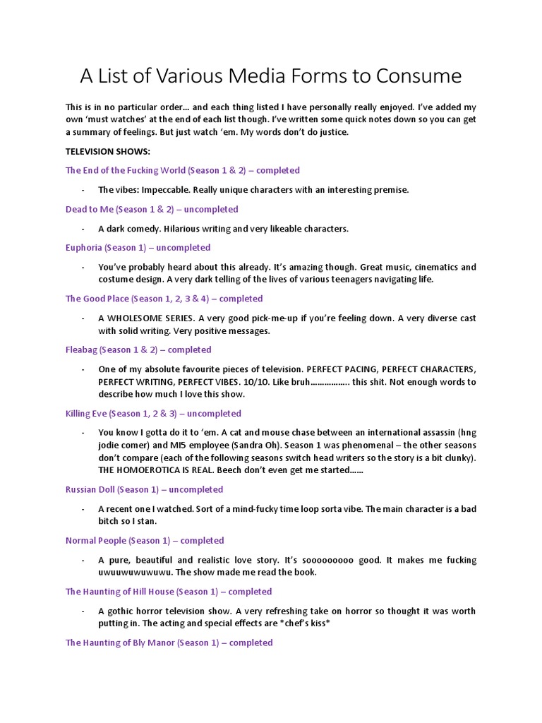 A List of Various Media Forms To Consume | PDF