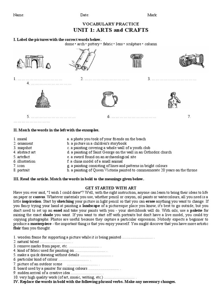 Unit 1: Arts and Crafts: Vocabulary Practice | PDF | Art Therapy ...
