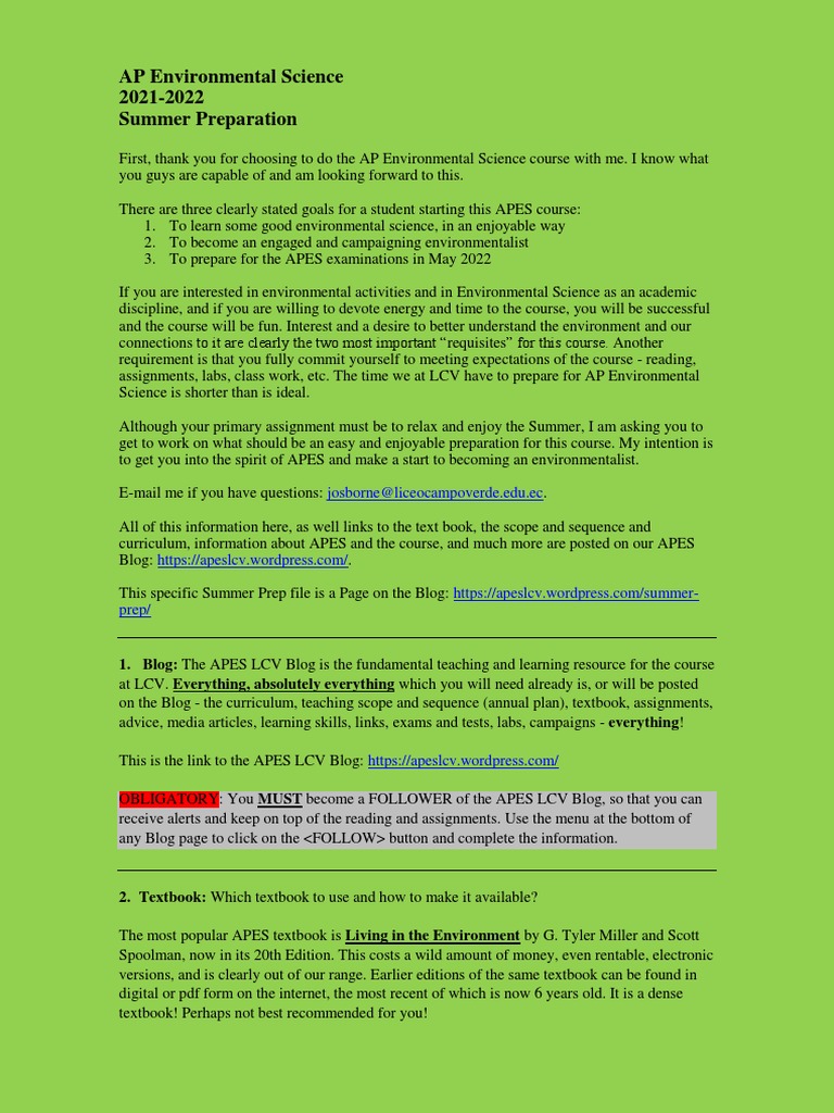 Summer Assignments APES 2021-2022 | PDF | Textbook | Curriculum