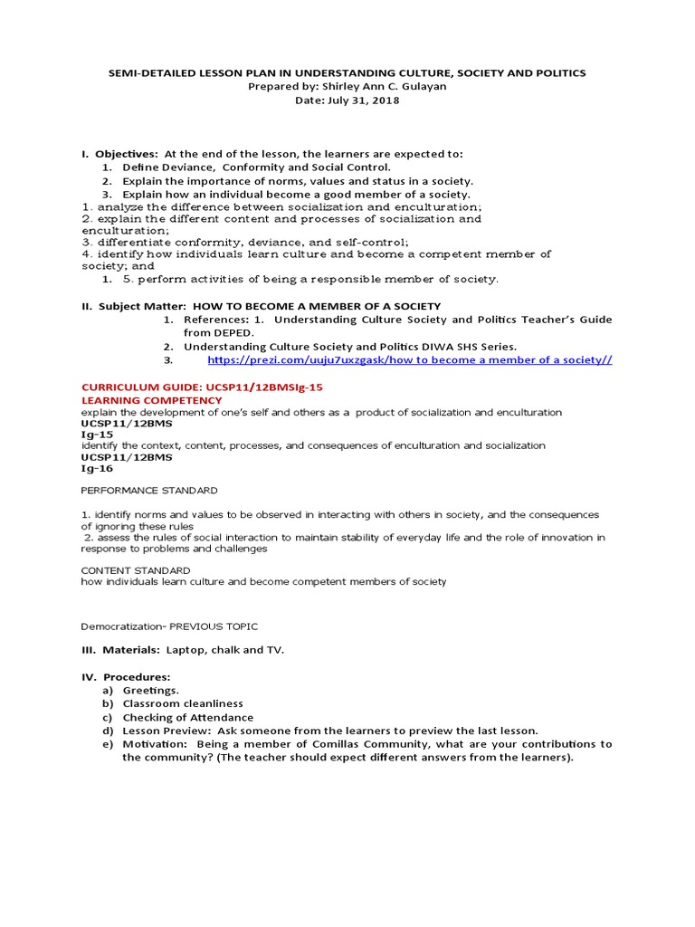 CULTURE FD Lesson-Plan-in-How-to-Become-a-Member-of-a-Society | PDF ...