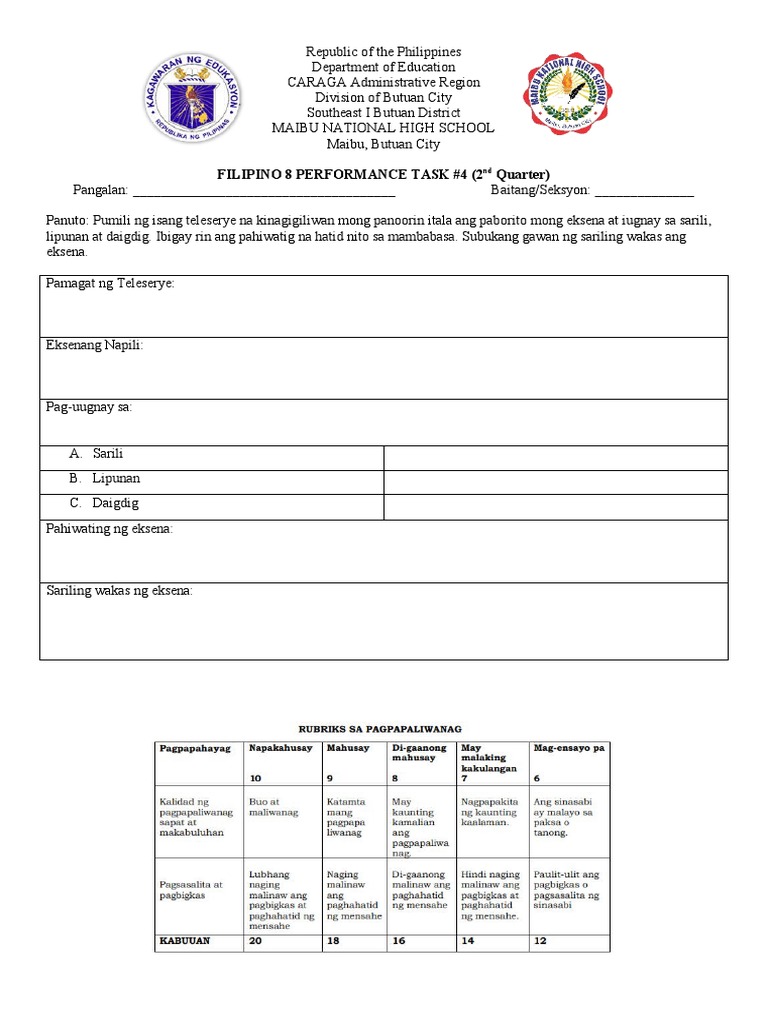 Filipino 8 Performance Task 4 | PDF