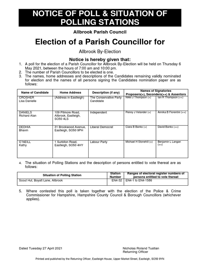 Notice of Poll and Situation of Polling Stations Parishes | PDF ...
