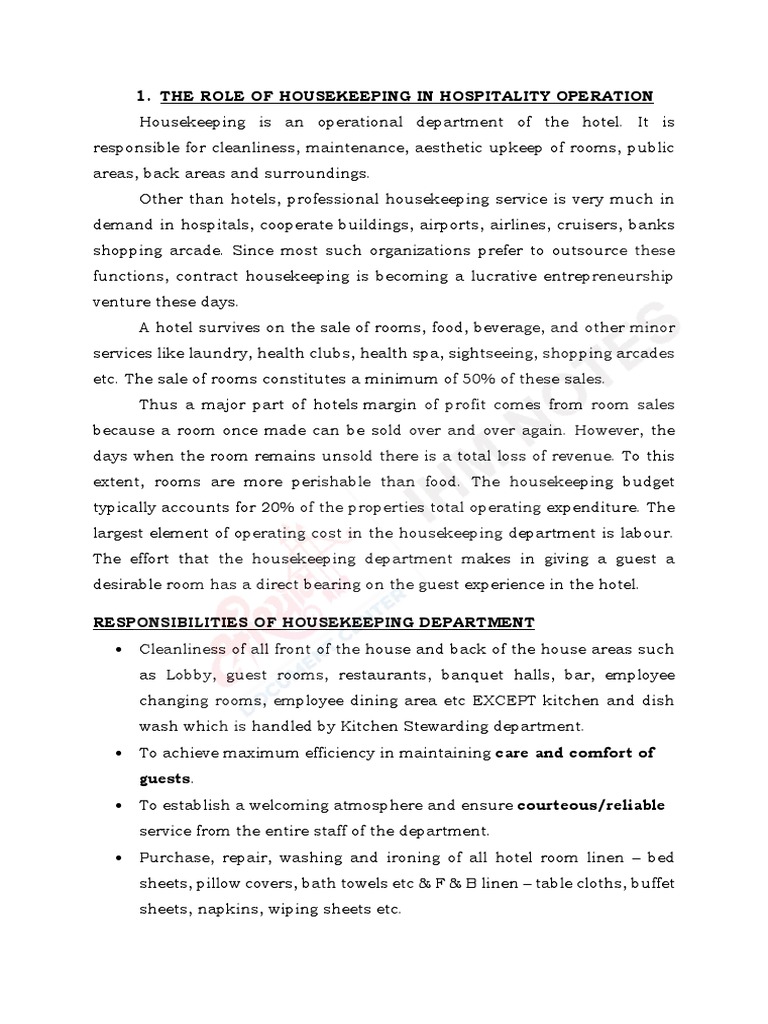 Ch-1, The Role of Housekeeping in Hospitality Operation | PDF | Hotel ...