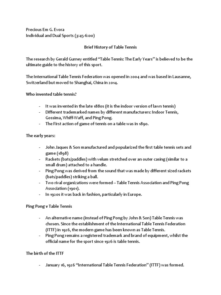 Brief History of Table Tennis | PDF | Table Tennis | Competitive Games
