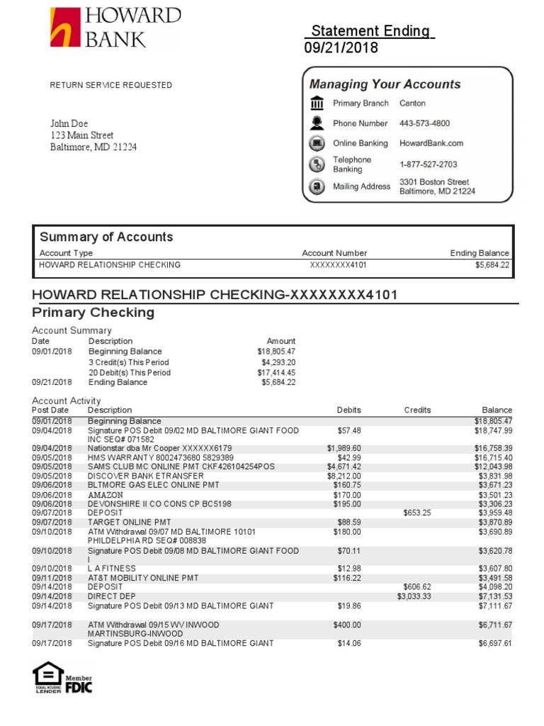 Statement Ending 09/21/2018 - Summary of Account Activity and Balances for John Doe's Howard ...
