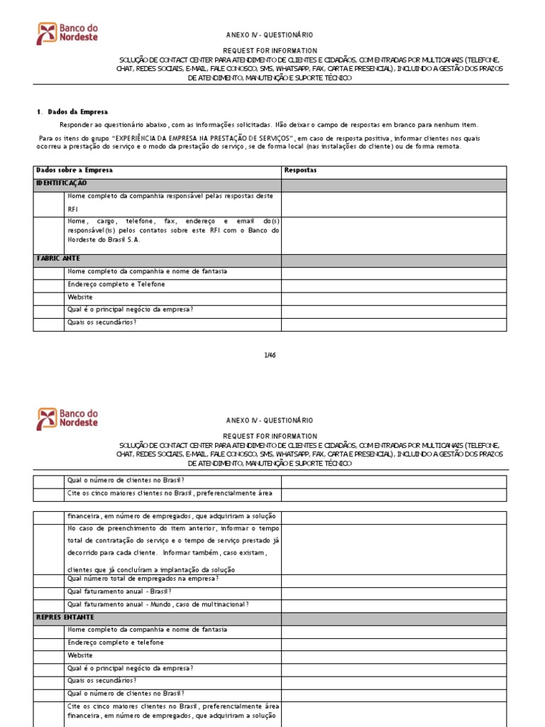 Questionário sobre solução de contact center multicanal para ...