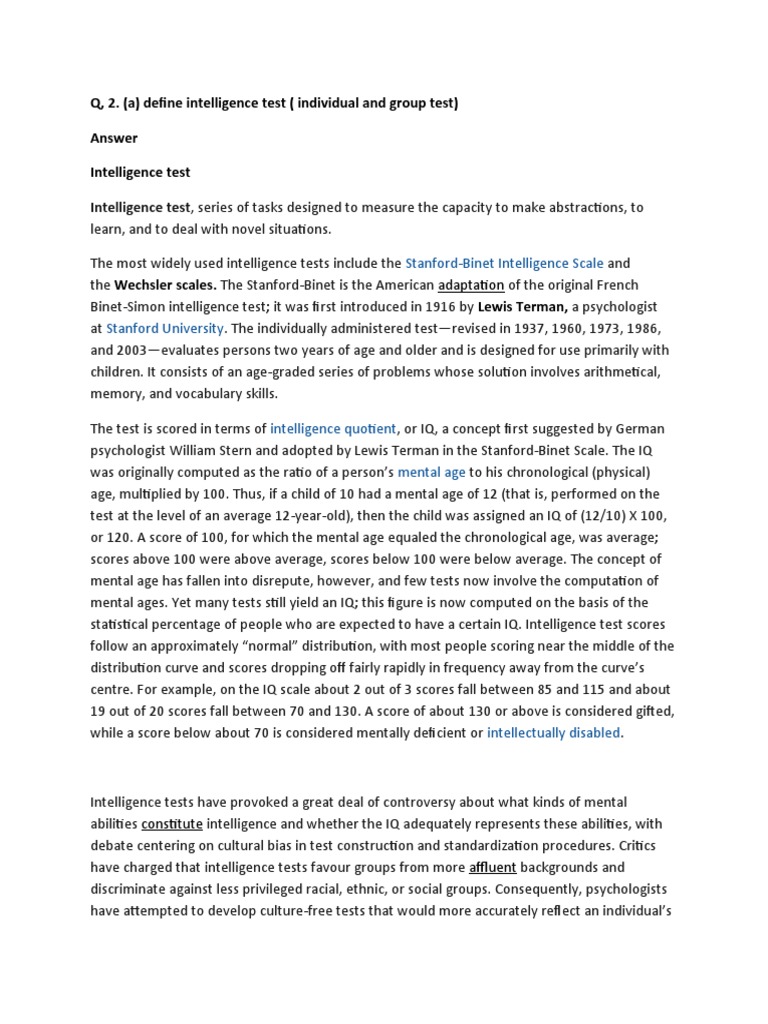 Q, 2. (A) Define Intelligence Test (Individual and Group Test) Answer ...