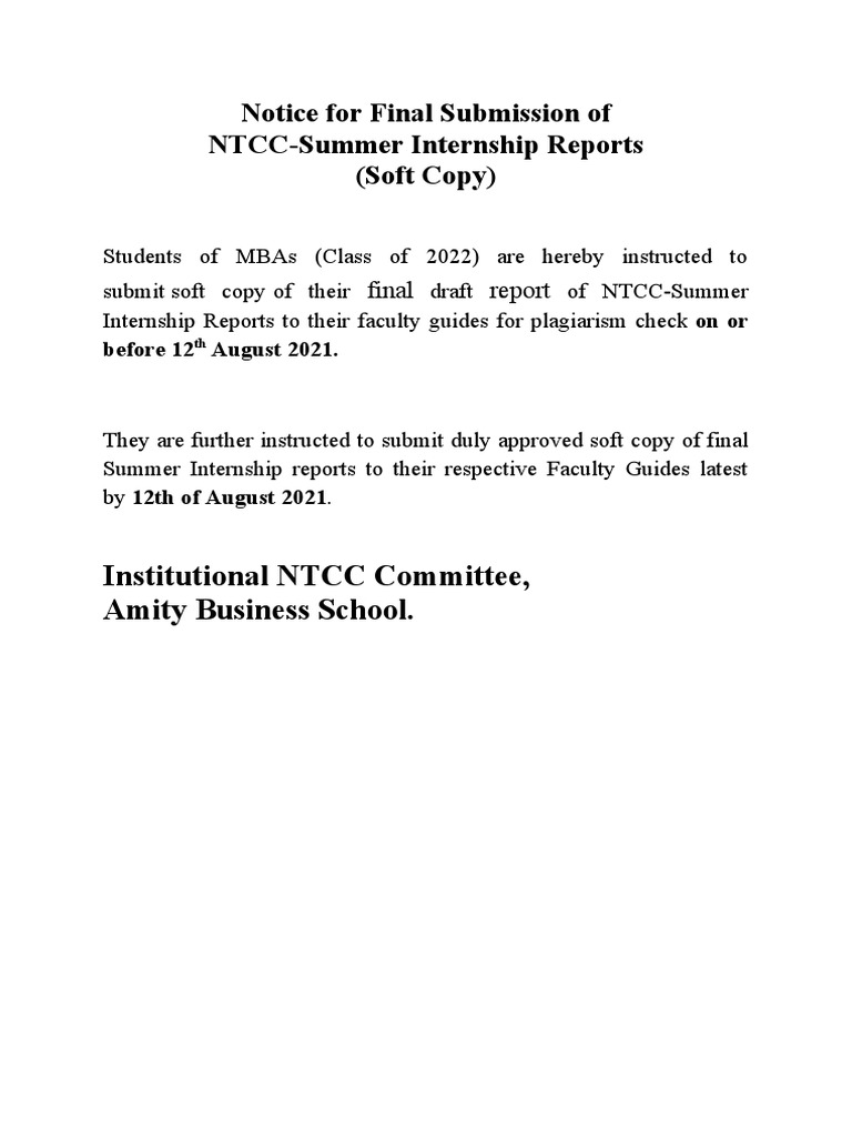 Documents - E688cnotice For Final Submission NTCC-Summer Internship Reports-Soft | PDF