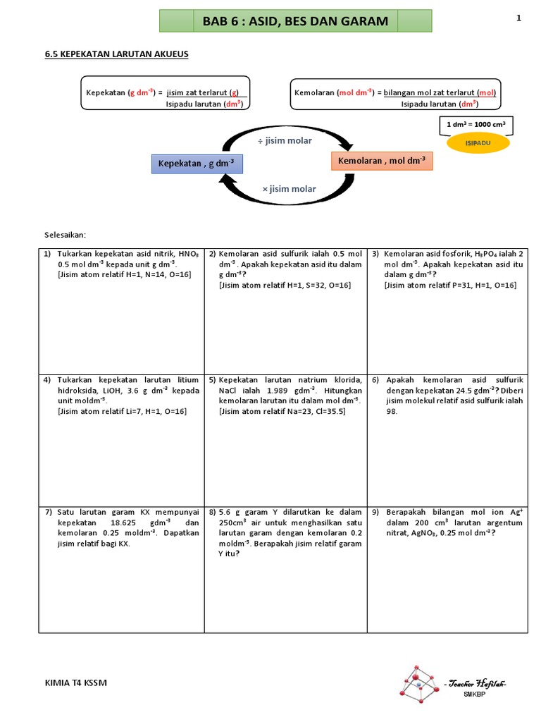 6.5 Latihan Kepekatan Dan Kemolaran T4 Kimia | PDF