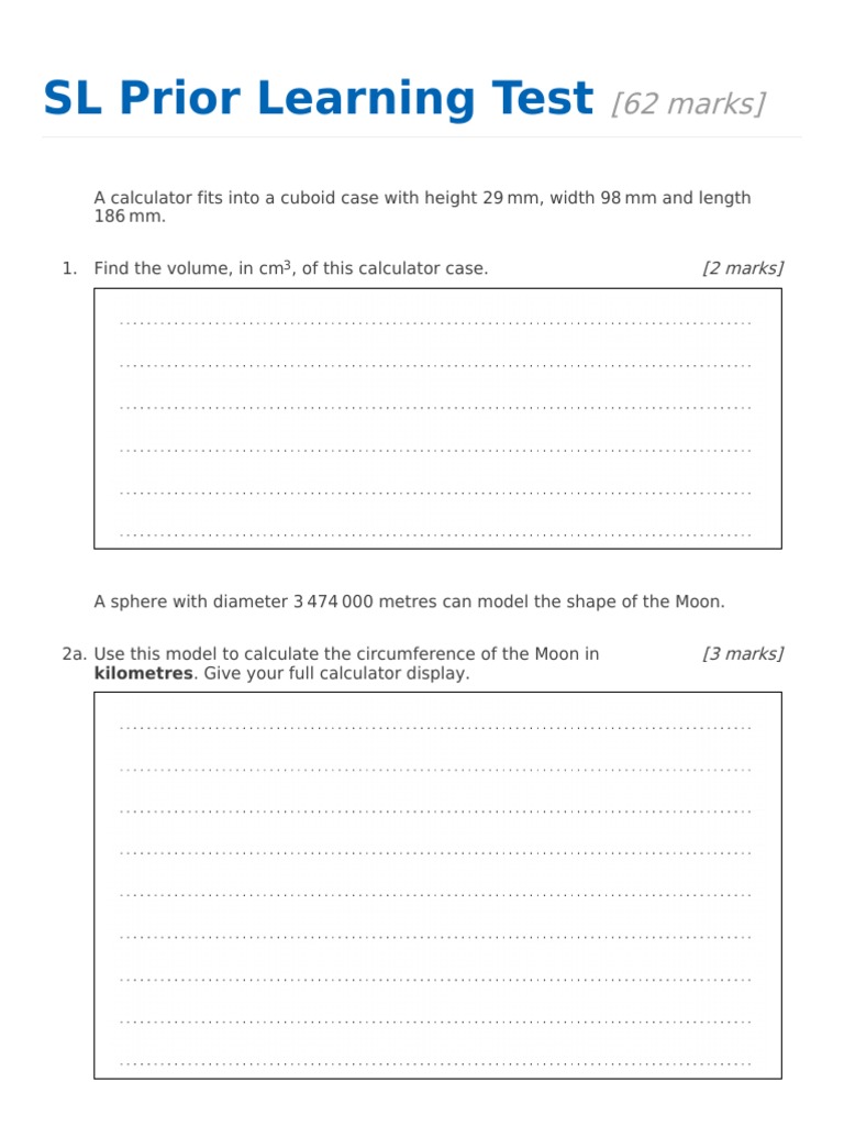 SL Prior Learning Test | PDF | Length | Area