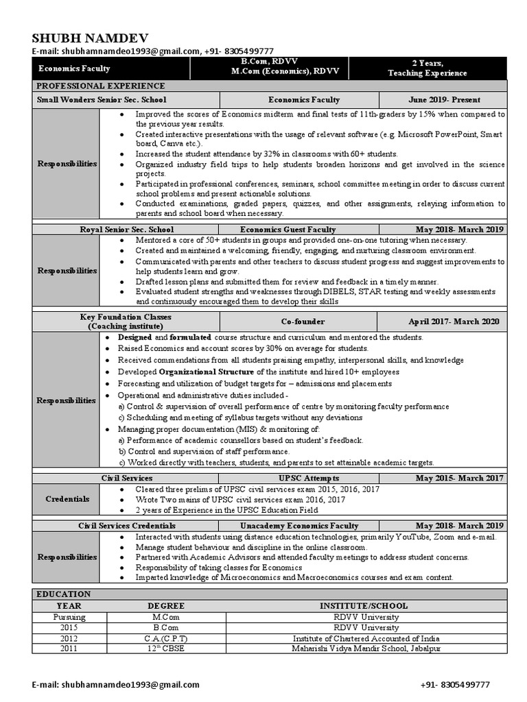 Shubh Namdev: Economics Faculty 2 Years, Teaching Experience | PDF | Schools | Teachers