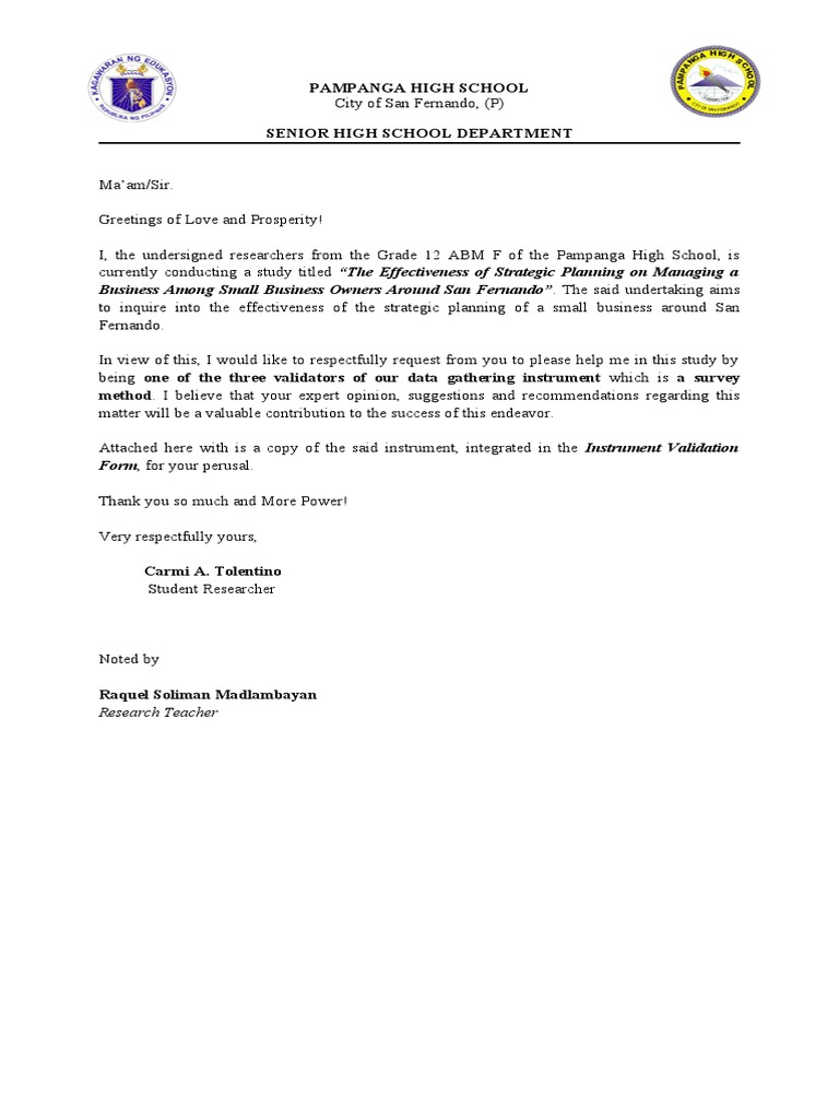 Letter To Instrument Validators Instrument Validation Form | PDF ...