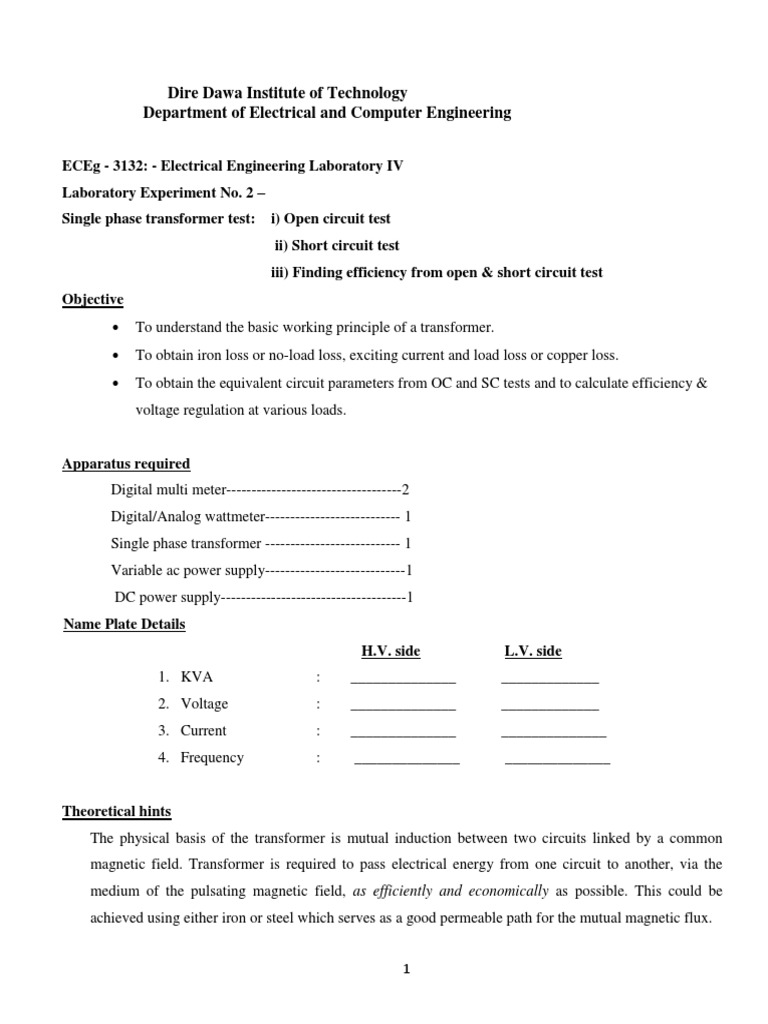 Lab - 2 EEng 3112 Single Phase Transformer Tests | PDF | Transformer ...