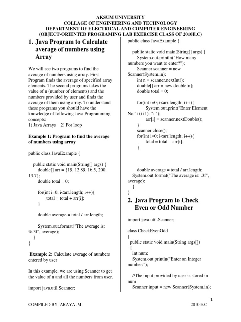 Java Program To Calculate Average Of Numbers Using Array PDF 