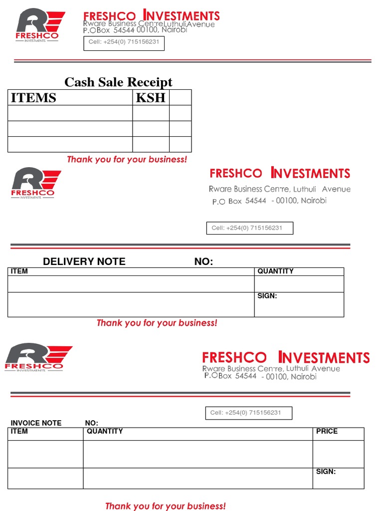 Cash Sale Receipt Items KSH: Delivery Note No | PDF