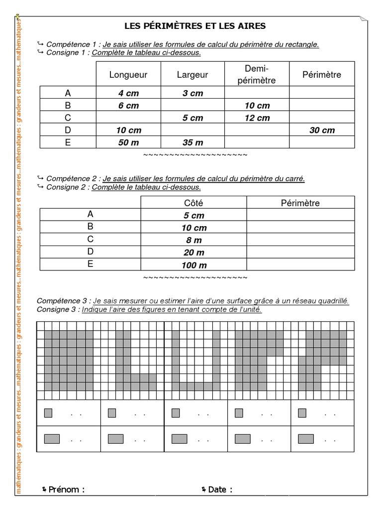 Évaluation sur périmètres et aires 6ème | PDF | Zone | Géométrie