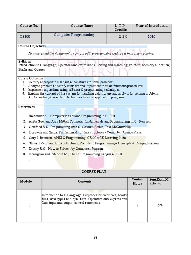 27 Computer Programming CS100 Syllabus | PDF | C (Programming Language) | Pointer (Computer ...