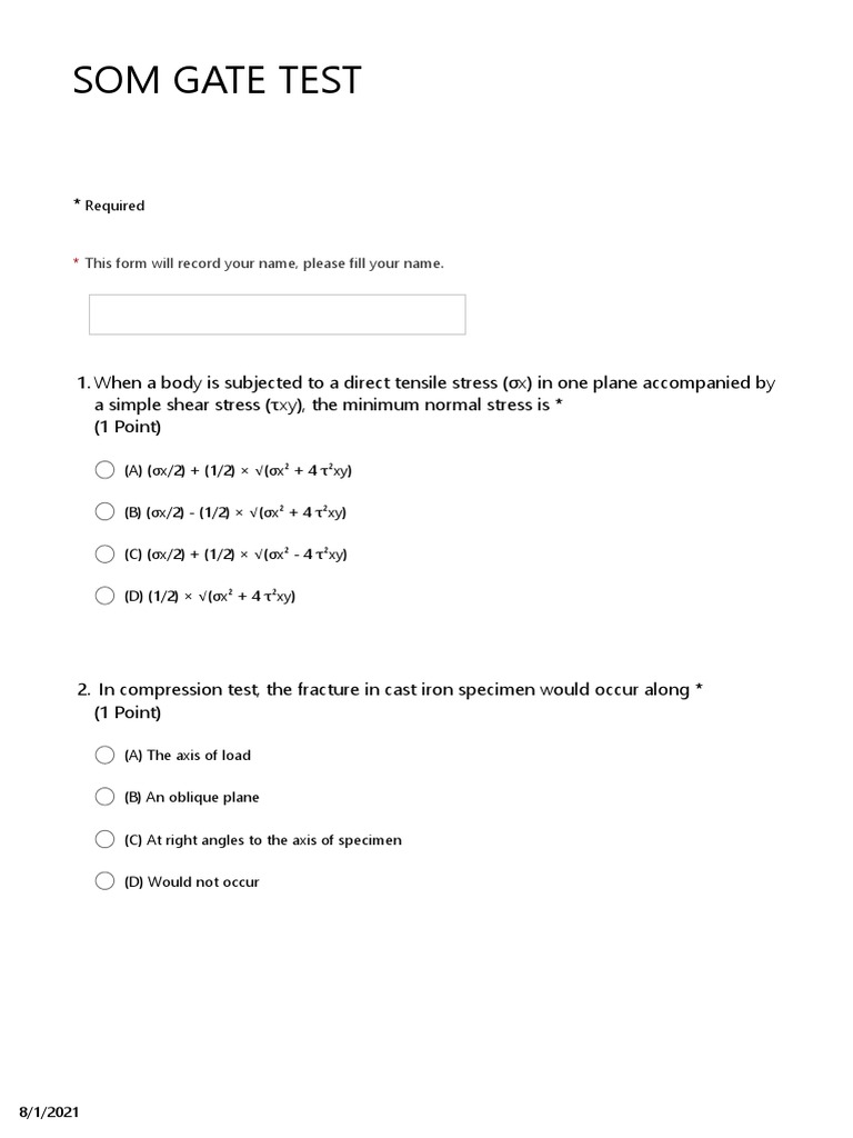SOM GATE TEST (Preview) Microsoft Forms | PDF | Stress (Mechanics ...