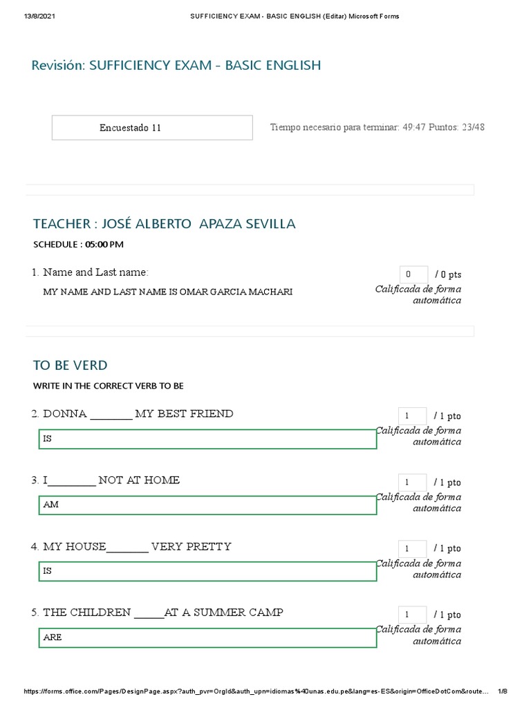 Revisión: Sufficiency Exam - Basic English: Teacher: José Alberto Apaza ...