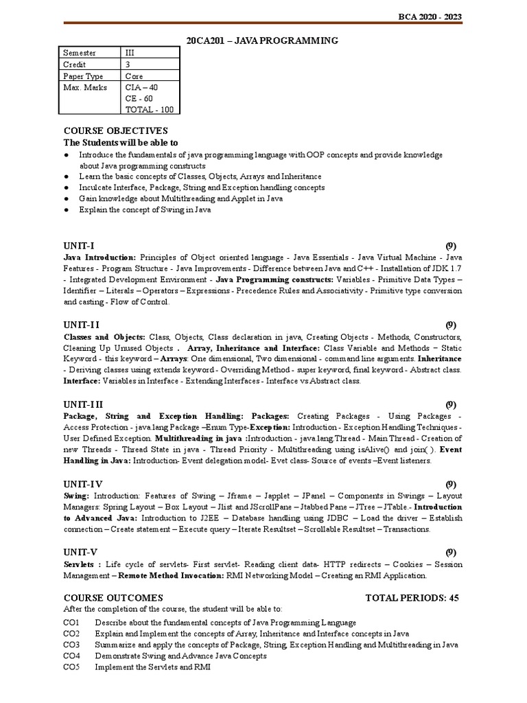 20ca201 Java Programming | PDF | Java (Programming Language) | Class (Computer Programming)