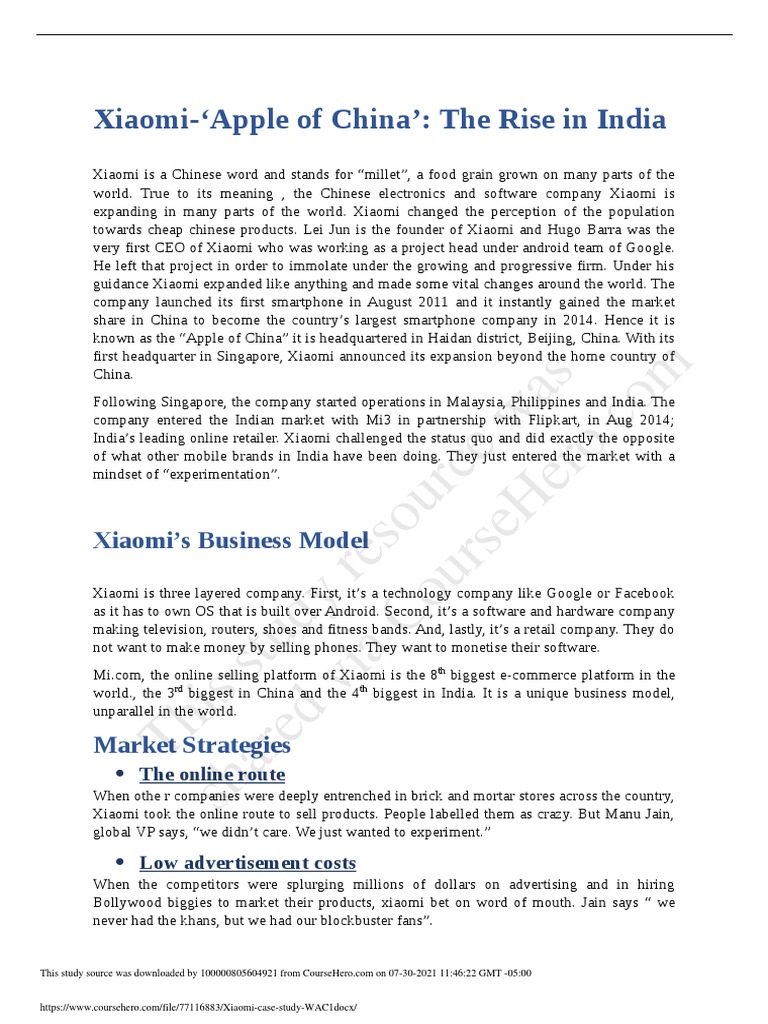 Xiaomi Case Study WAC 1 | PDF | Xiaomi | Mobile Telecommunications User Equipment