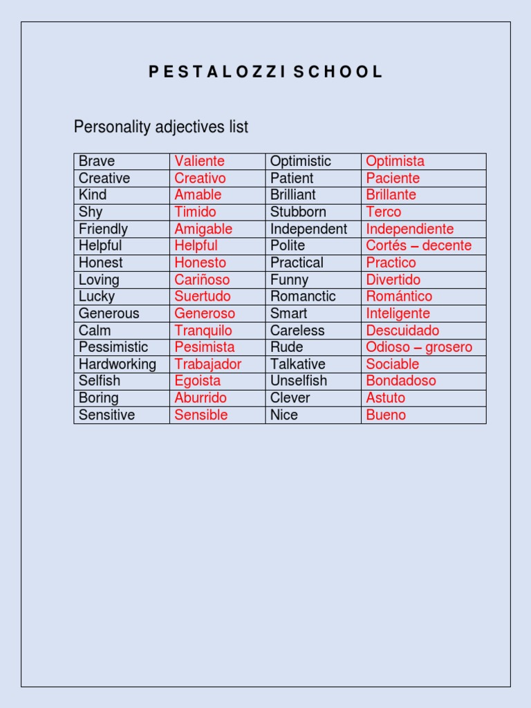 Spanish Personality Adjectives List | PDF