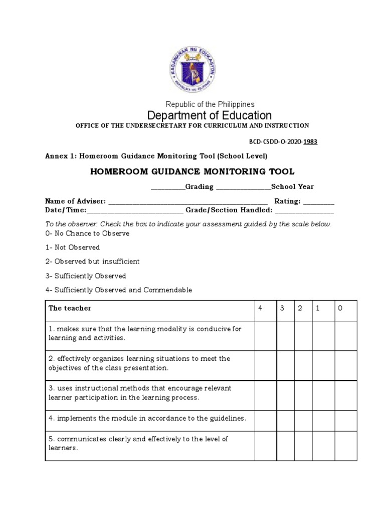 ANNEX 1. SCHOOL HEAD HGP MONITORING TO TEACHERS Docx 1 | PDF | Learning | Educational Assessment