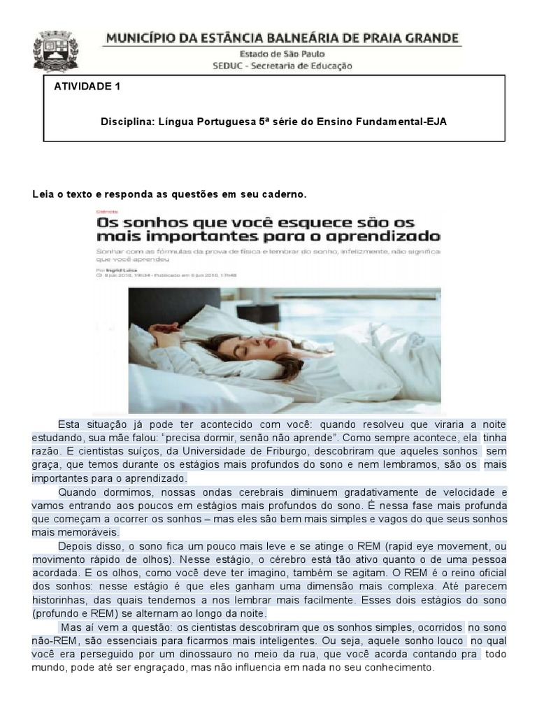 5 Série EJA - Atividade 1 Língua Portuguesa | PDF | Dormir | Sonho