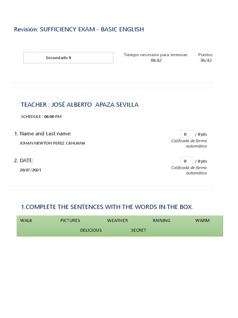 Revisión: Sufficiency Exam - Basic English: Teacher: José Alberto Apaza ...