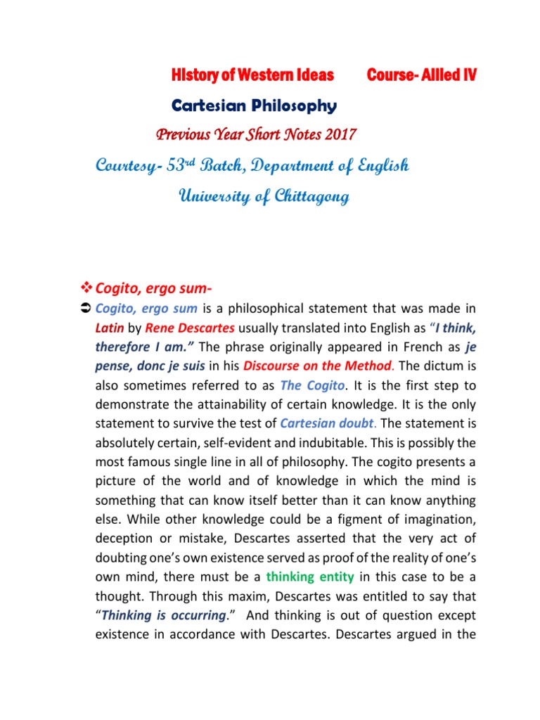Cartesian Philosophy Short Notes by E-53 | PDF | Philosophical ...