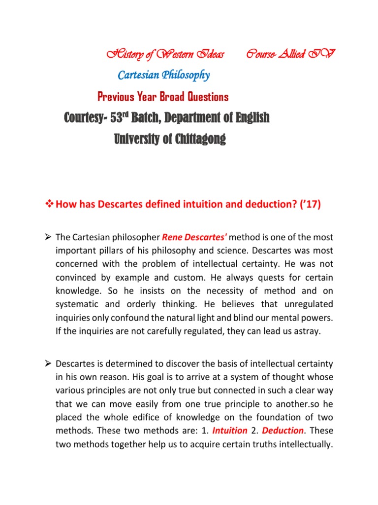 Cartesian Philosophy Broad Questions by E 53 | Download Free PDF | René ...