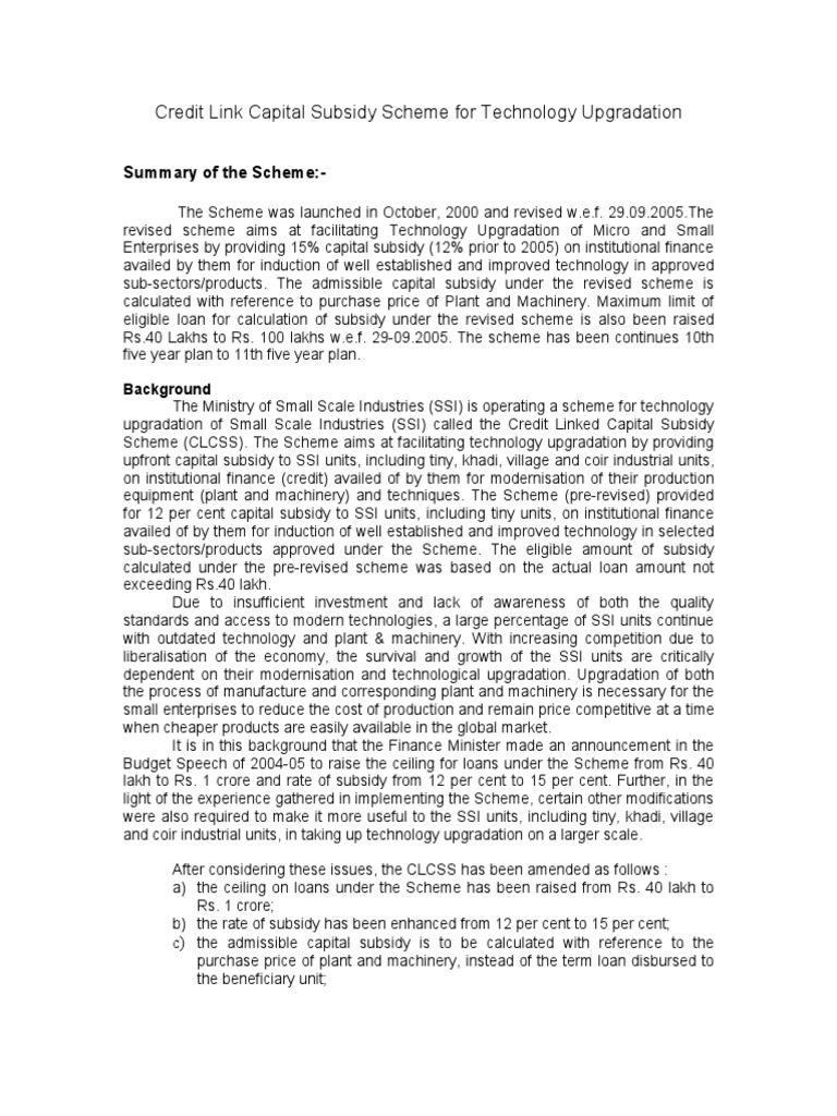 Credit Link Capital Subsidy Scheme For Technology Upgradation | PDF ...
