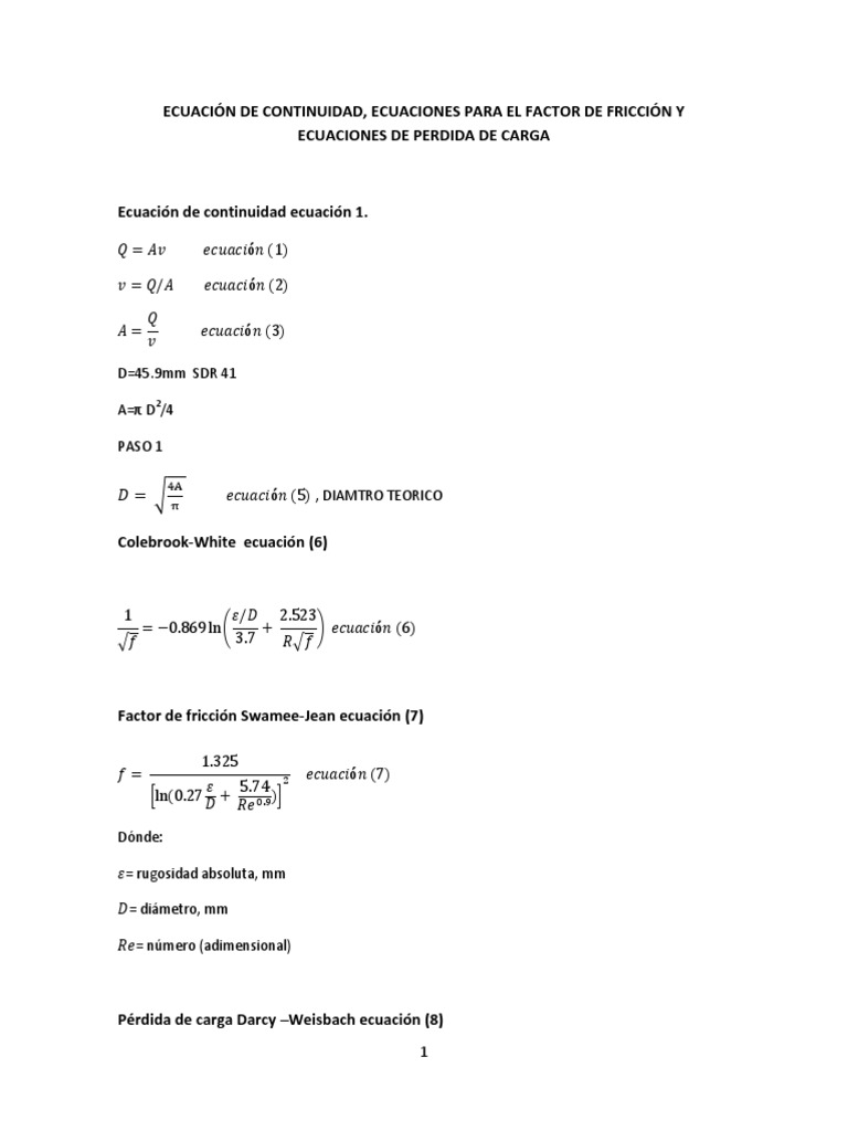 Formulas Colebrook White Swamee Jain DW HW | PDF