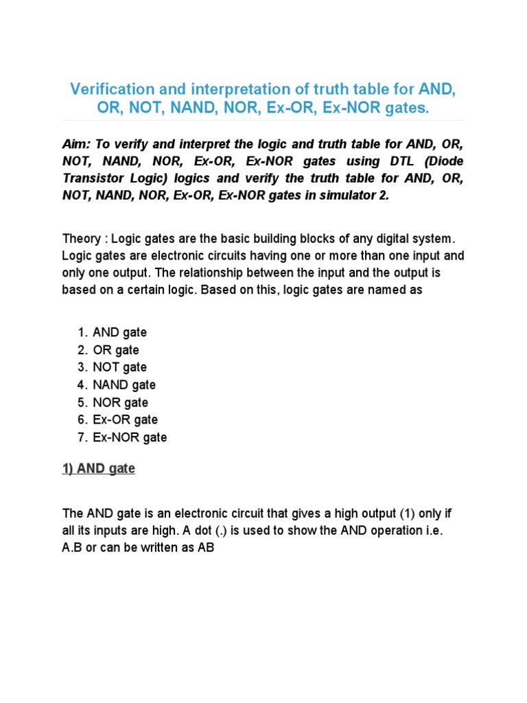 Verification and Interpretation of Truth Table For AND, OR, NOT, NAND ...