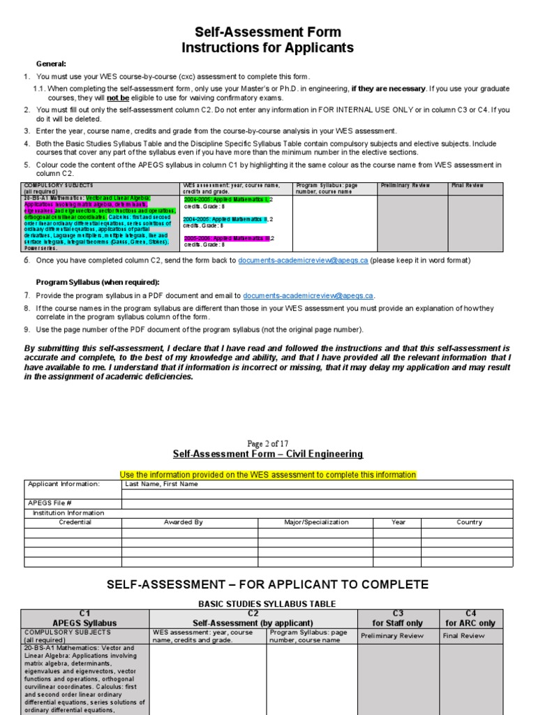 Self-Assessment Form Instructions For Applicants: General | PDF | Fluid ...