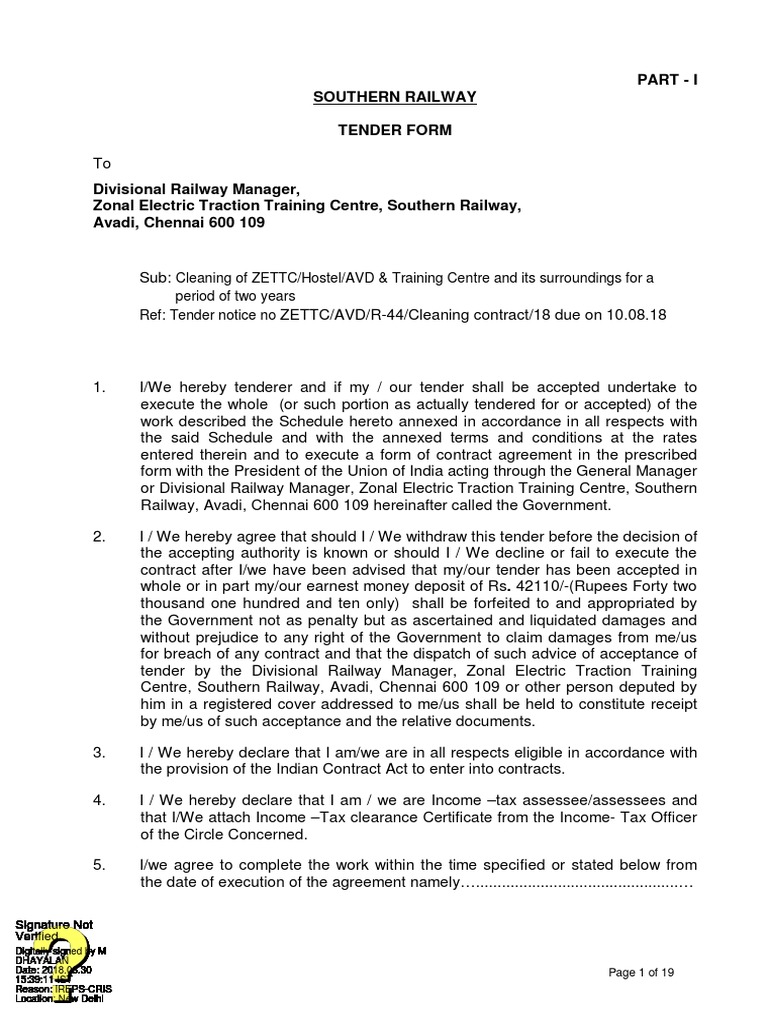 Part - I Southern Railway Tender Form | PDF | Employment | Guarantee