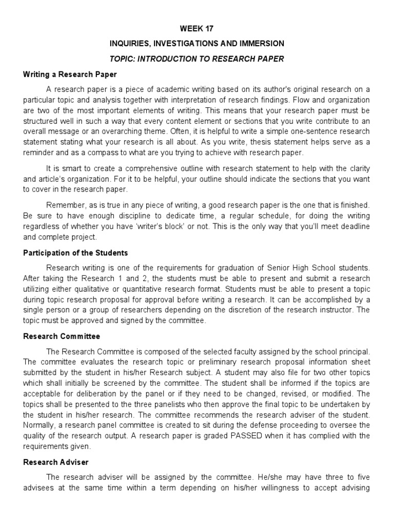 Topic: Introduction To Research Paper: Week 17 Inquiries ...