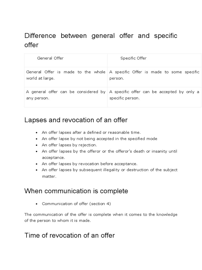 Difference Between General Offer and Specific Offer | PDF | Offer And ...