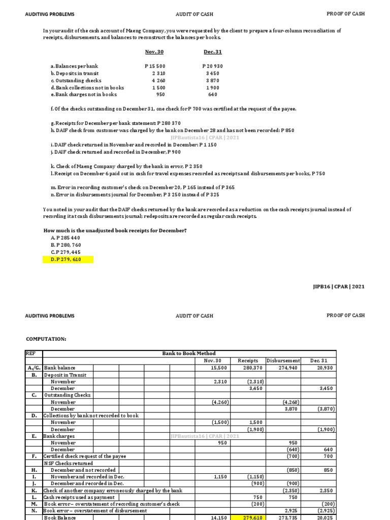 Auditing Problems: Jipbautista16 - Cpar - 2021 | PDF | Payments | Banks