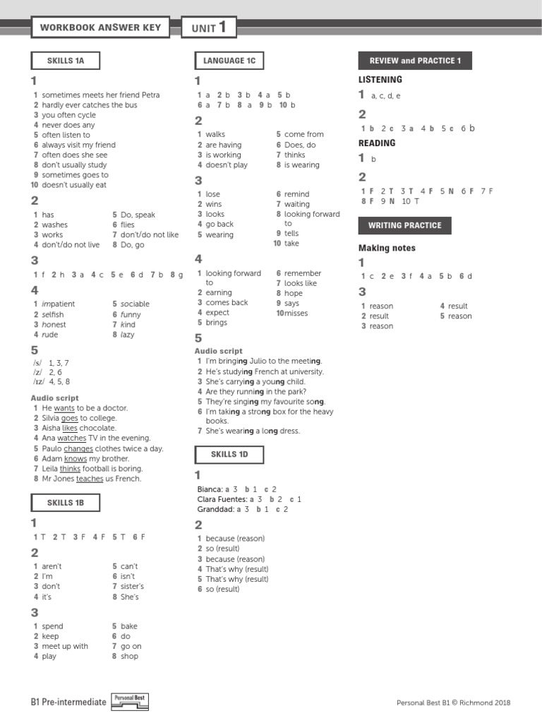 Workbook Answer Key: Skills 1A Language 1C | PDF