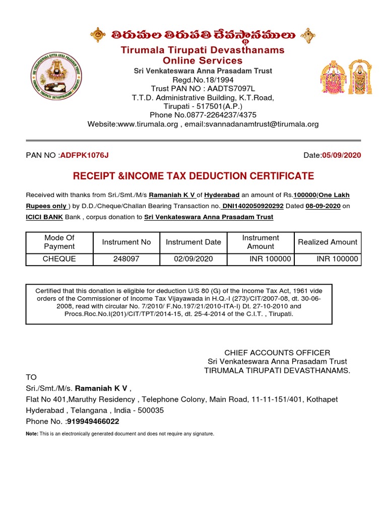 Receipt and Income Tax Deduction Certificate for a Rs. 100,000 Donation ...