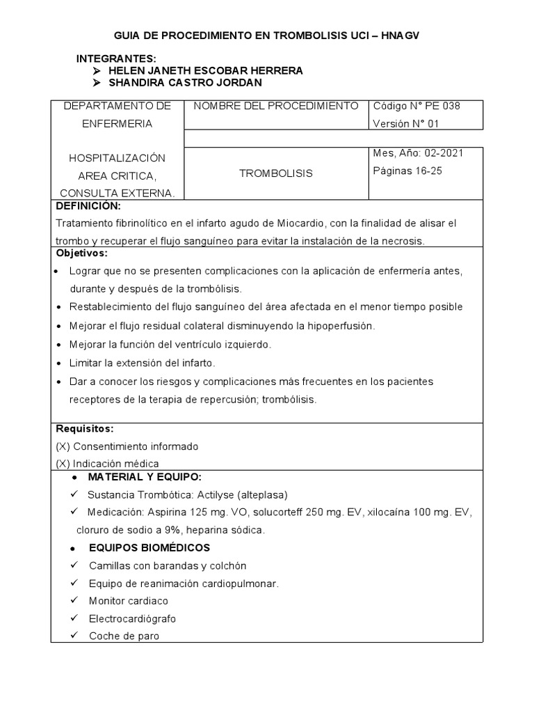 Procedimiento de Trombólisis en UCI | PDF | Terapia intravenosa ...