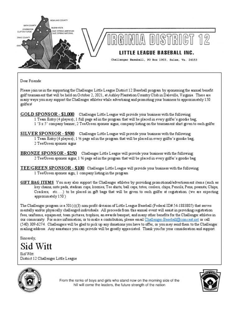 2021 Challenger Golf Donation Request Letter For Gold Silver Bronze For ...
