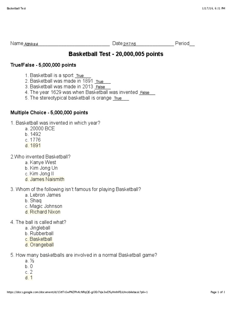 Johnson Basketball Test Questions | PDF | Sports | Ball Games